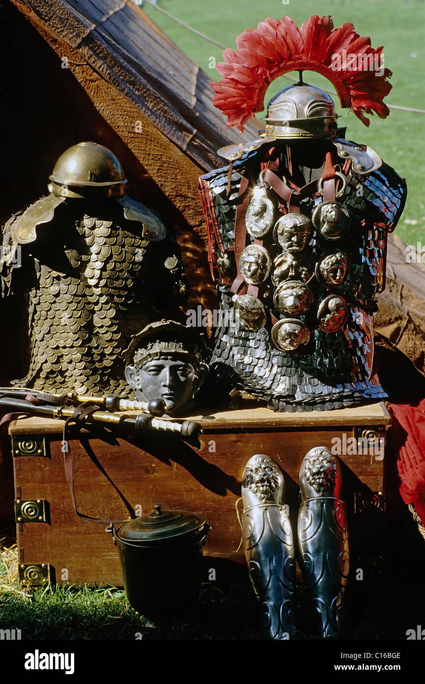 Recreated roman armaments, helmet, chain mail shirt, leg guards, laid ...