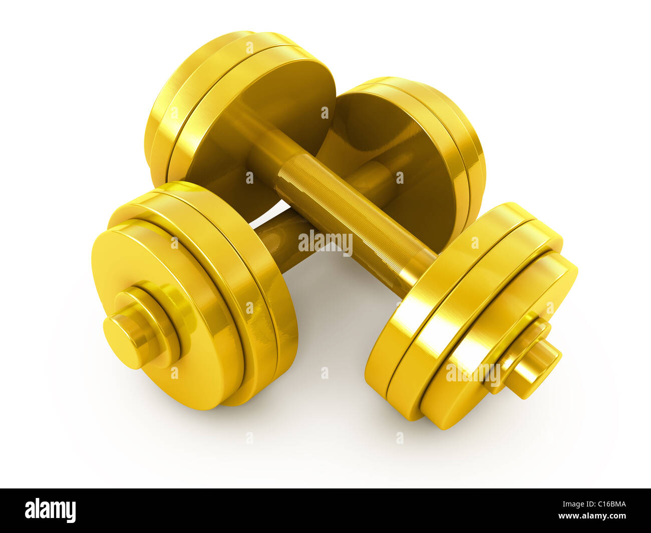 Golden fitness exercise equipment dumbbells weight isolated on white ...
