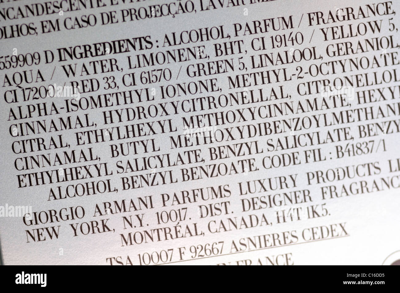 Ingredient list on perfume package Stock Photo - Alamy