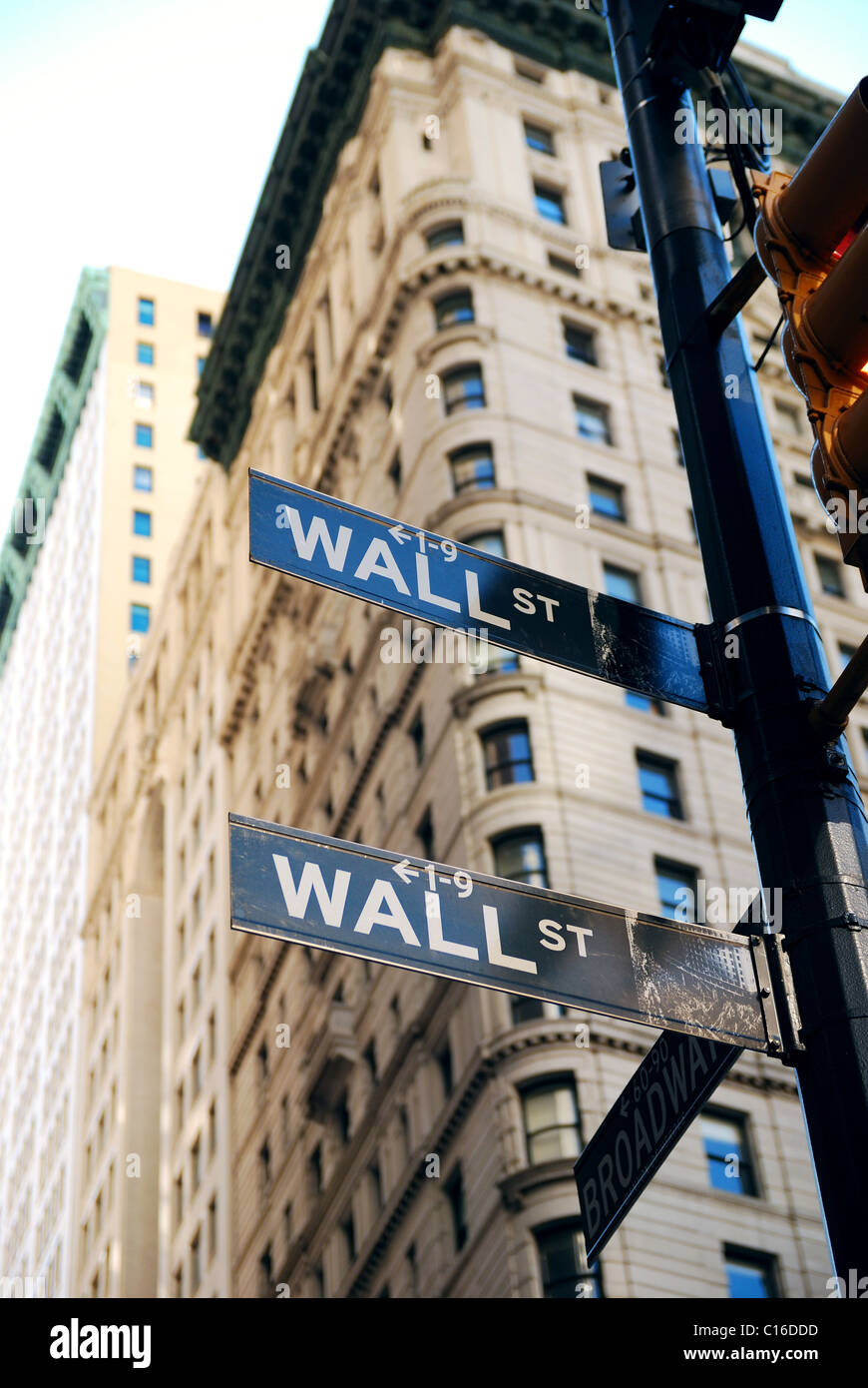 New York City Wall Street road sign in downtown Manhattan with ...