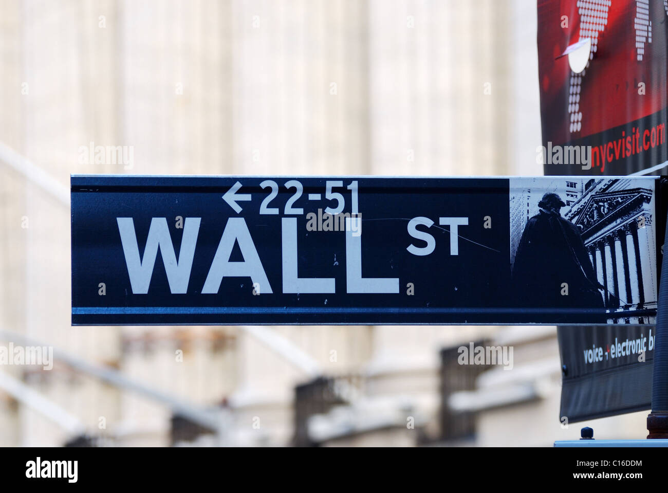 New York City Wall Street road sign in downtown Manhattan with ...