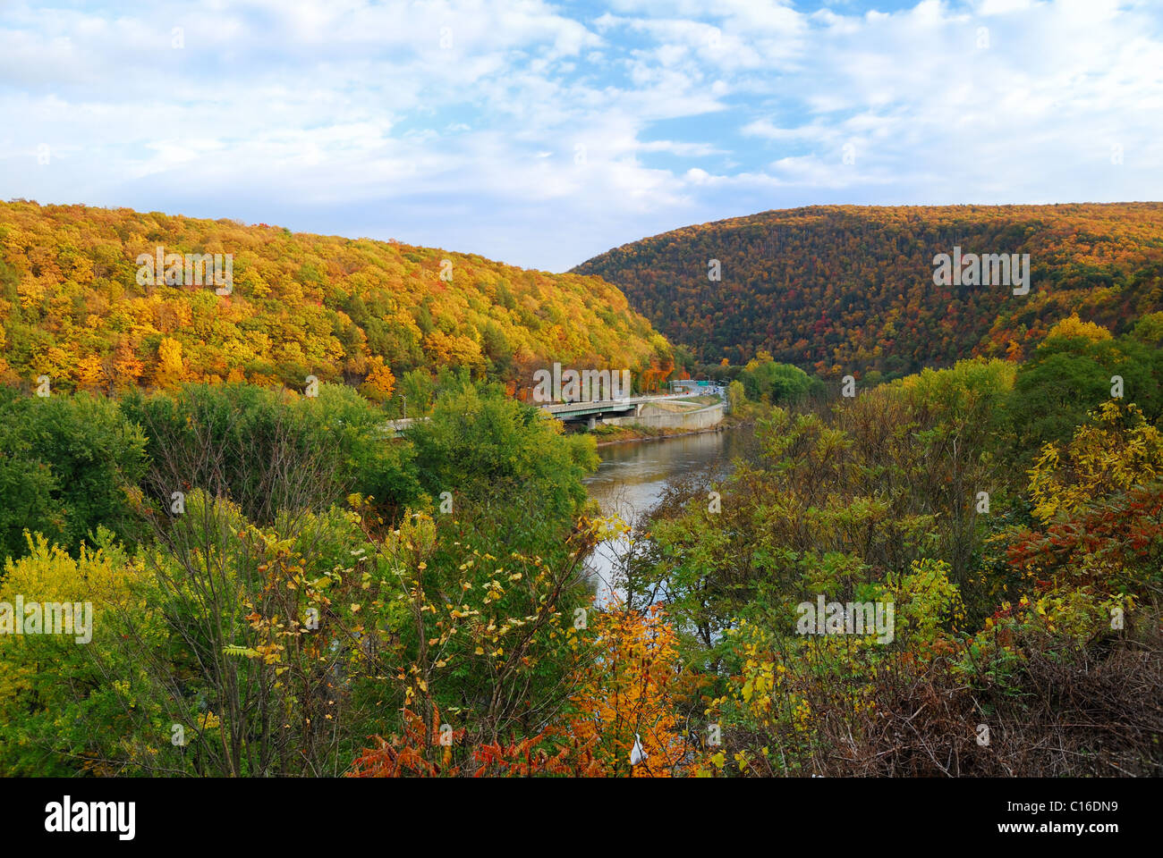 Delaware Water Gap panorama in Autumn with colorful foliage with forest ...