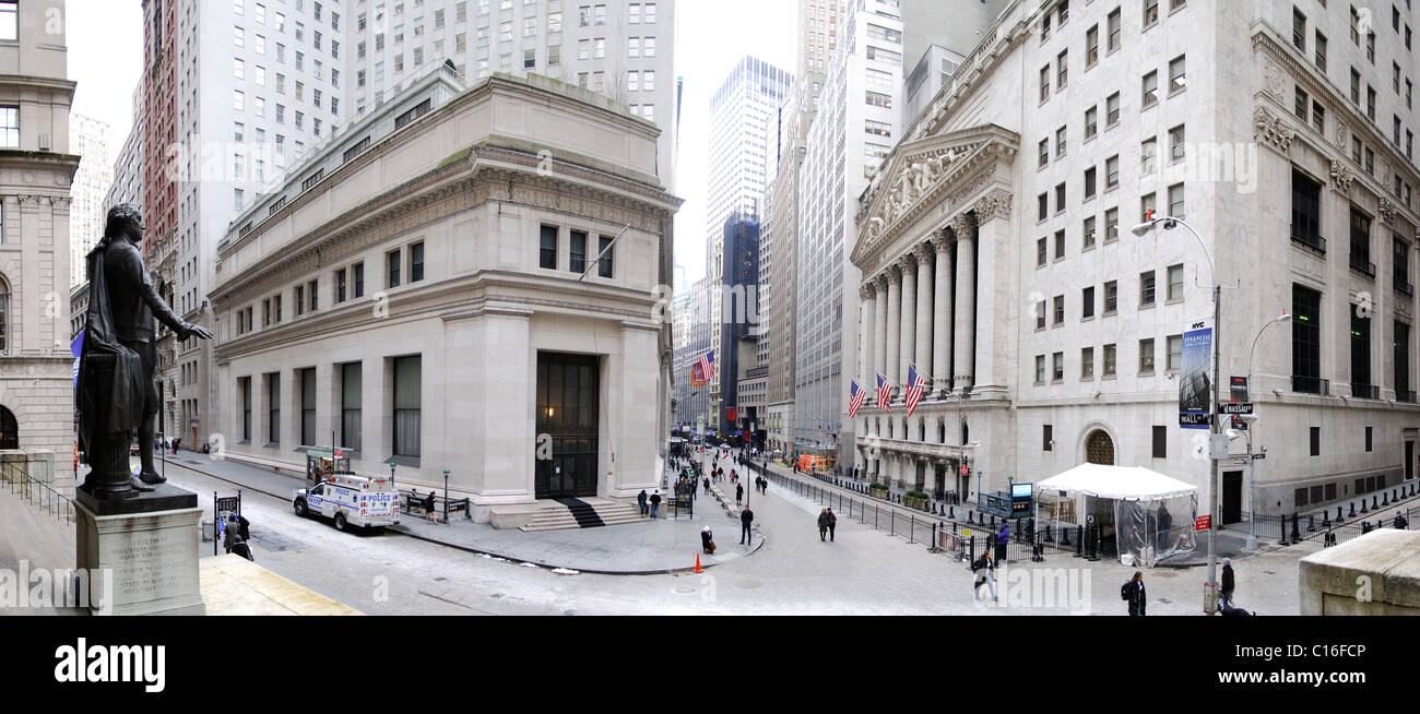Wall Street panorama with New York Stock Exchange and George Washington ...