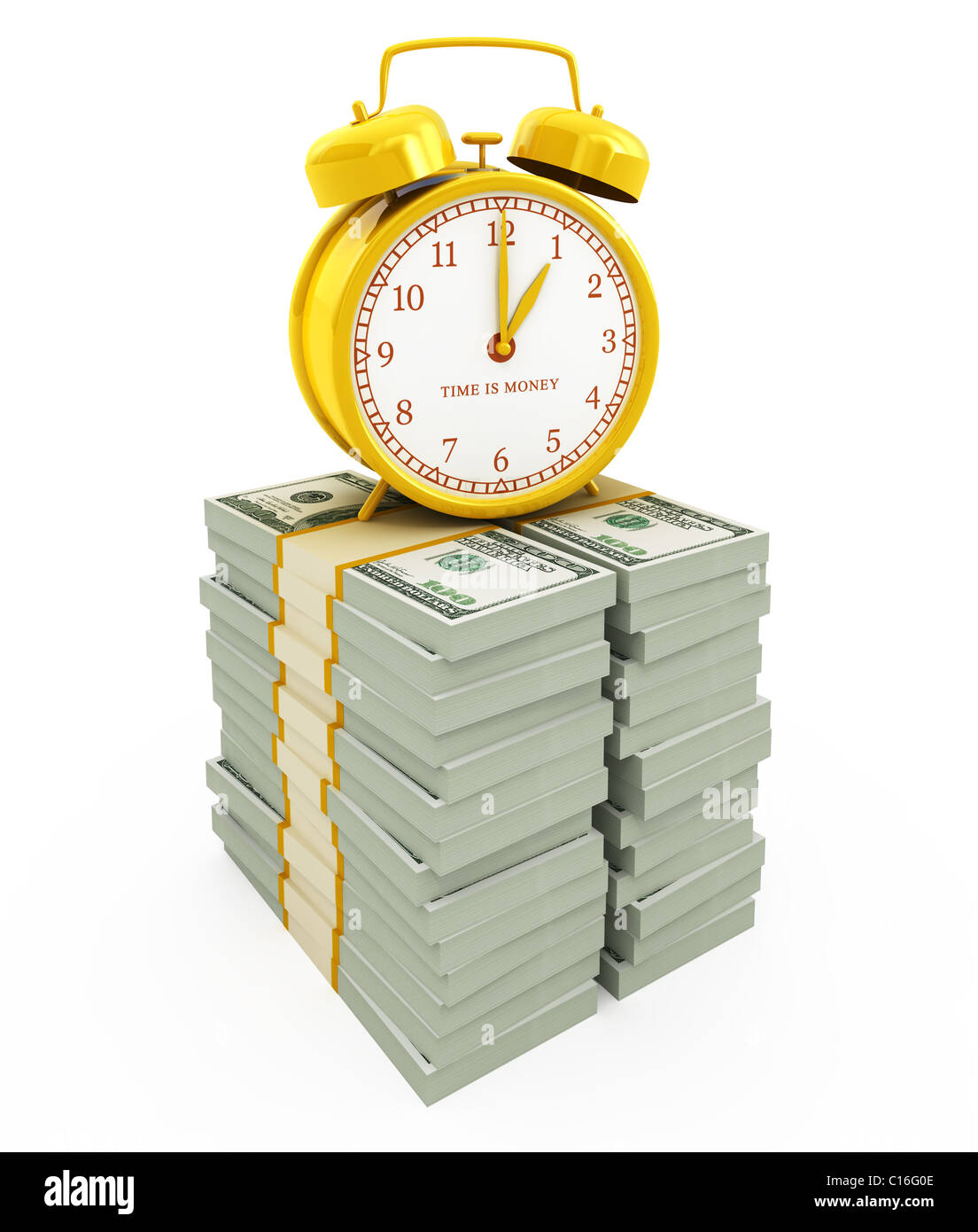 Time is money concept isolated on white. Alarm clock on stacks of ...