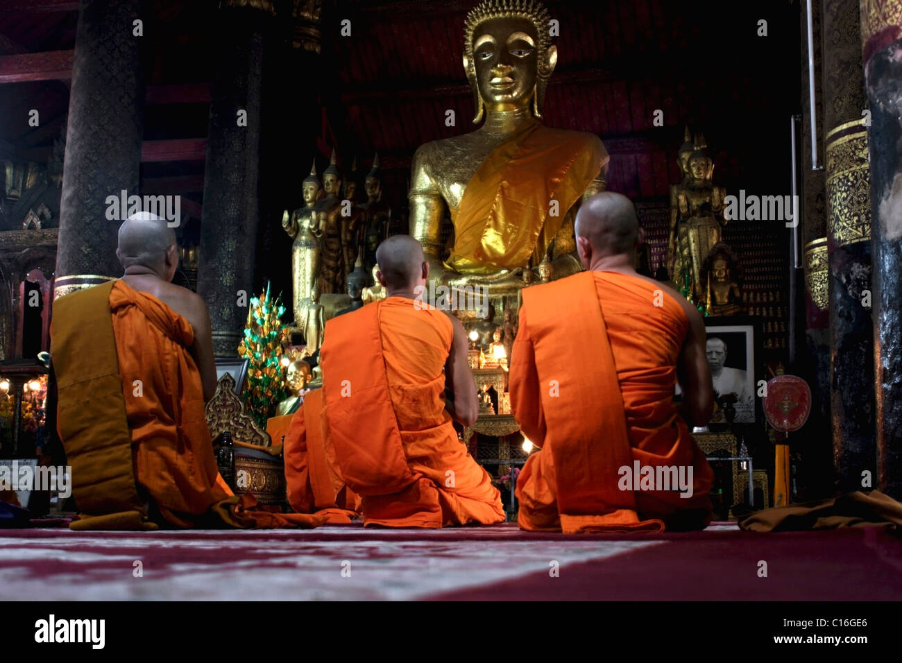 A group of monks are paying homage to Buddhist teachings before the Pi ...