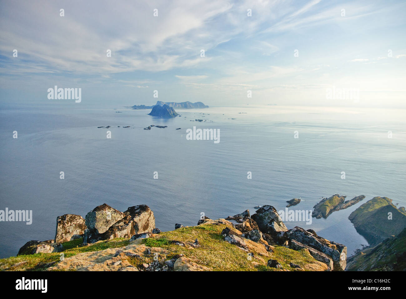 View from Moskenes island to Mosken and Vaeroey islands. Lofoten ...
