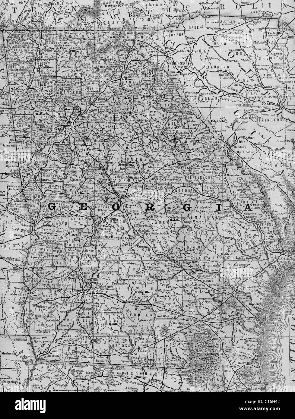 Old map of Georgia from original geography textbook, 1884 Stock Photo ...