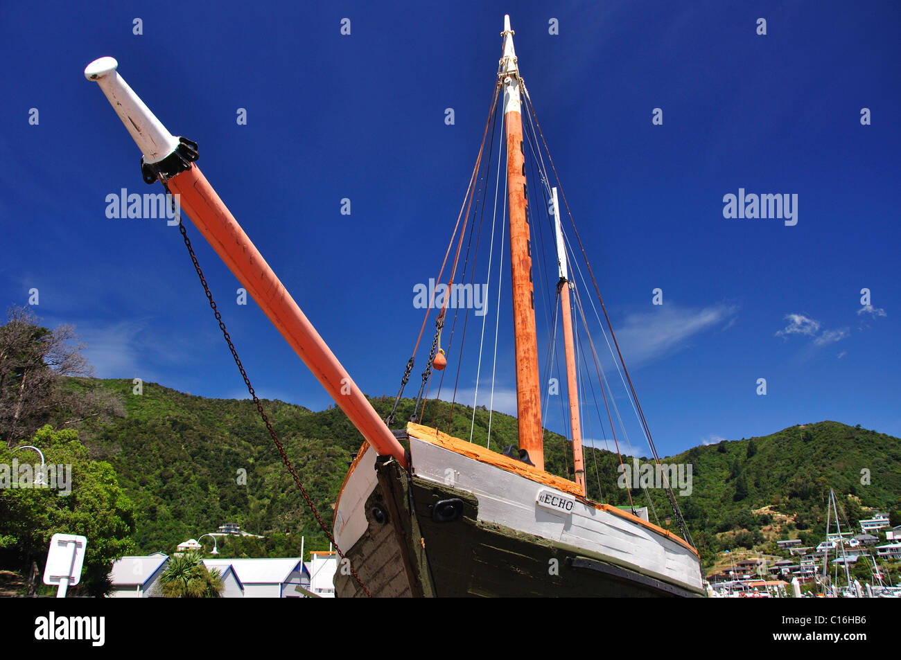 Historic 'Echo' scow boat, Picton, Queen Charlotte Sound, Marlborough ...
