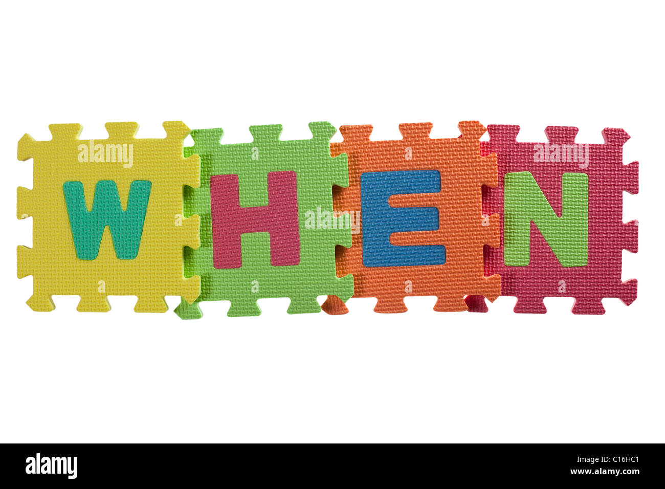 Alphabet blocks forming the word WHEN isolated on white background ...