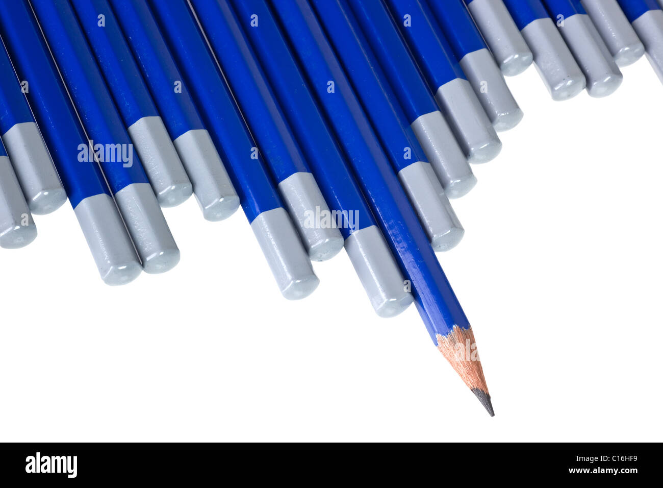 A sharpened pencil among a row of blunt end pencils Stock Photo - Alamy