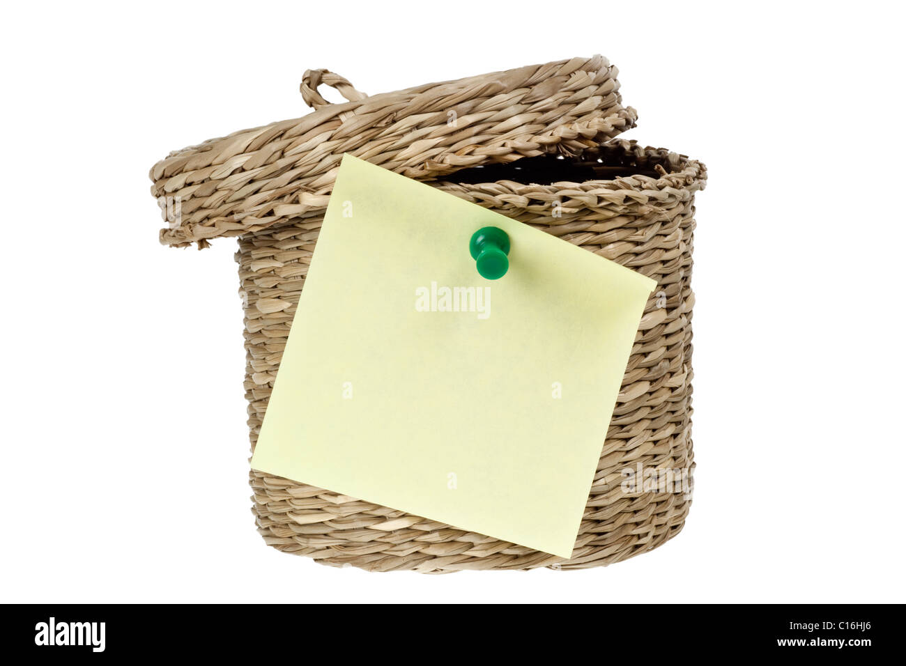 Basket with sticky note isolated on white background Stock Photo - Alamy