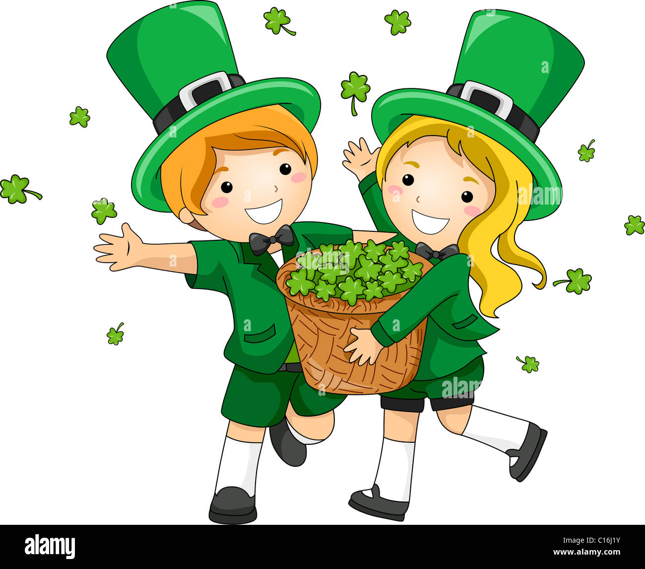 Illustration of Kids Scattering Clovers Stock Photo - Alamy