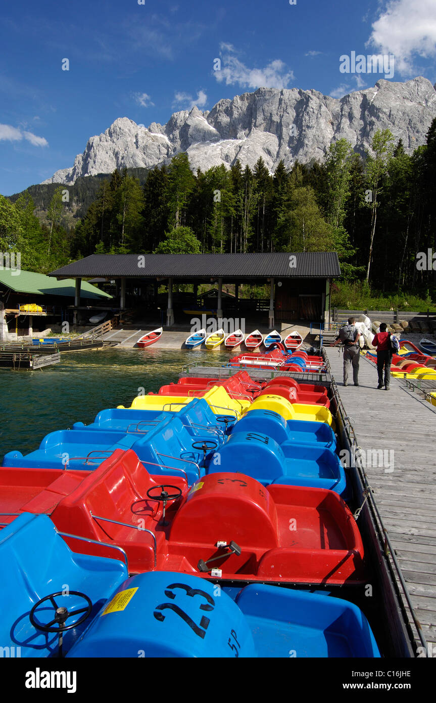 Boats for rent on Lake Eibsee, Mount Zugspitze, Bavaria, Germany ...