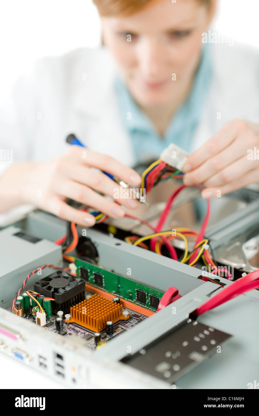 Female support computer engineer - IT woman repair defect Stock Photo ...