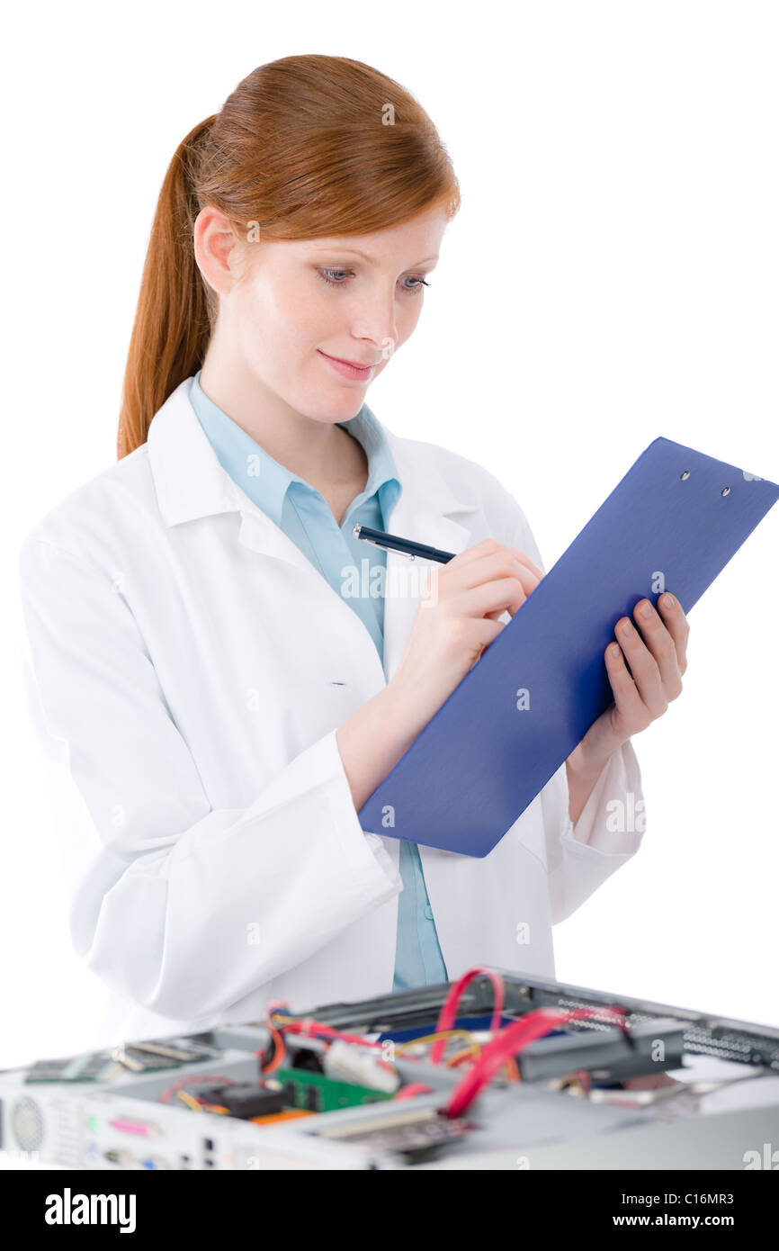 Female support computer engineer - IT woman repair defect Stock Photo ...