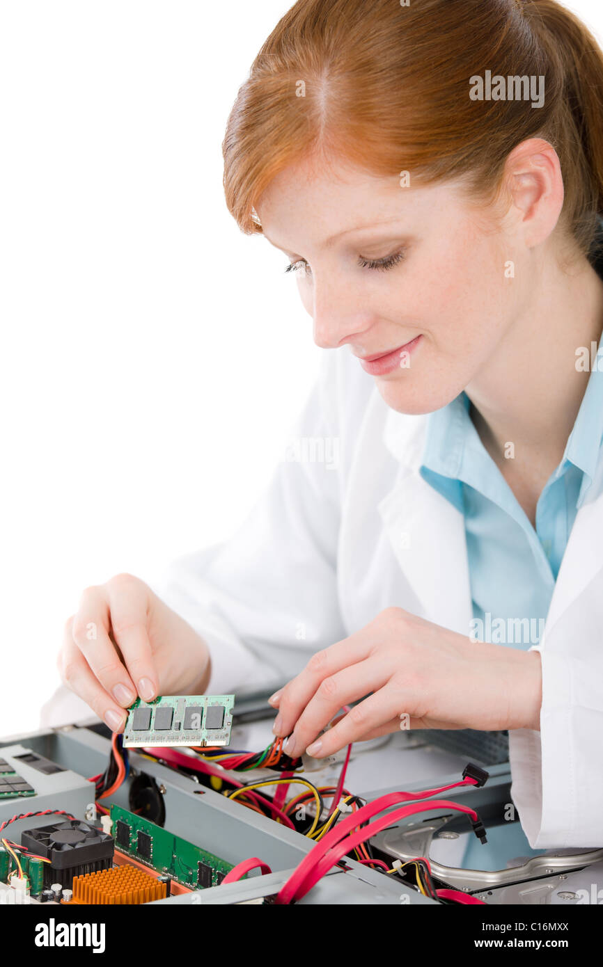 Female support computer engineer - IT woman repair defect Stock Photo ...