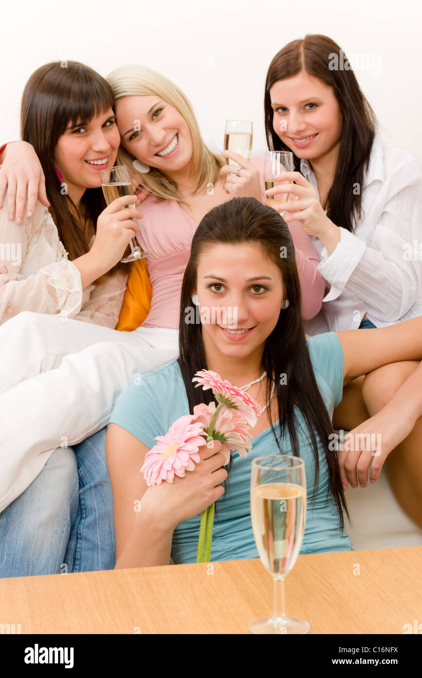 Birthday party - group of woman celebrate with champagne Stock Photo ...