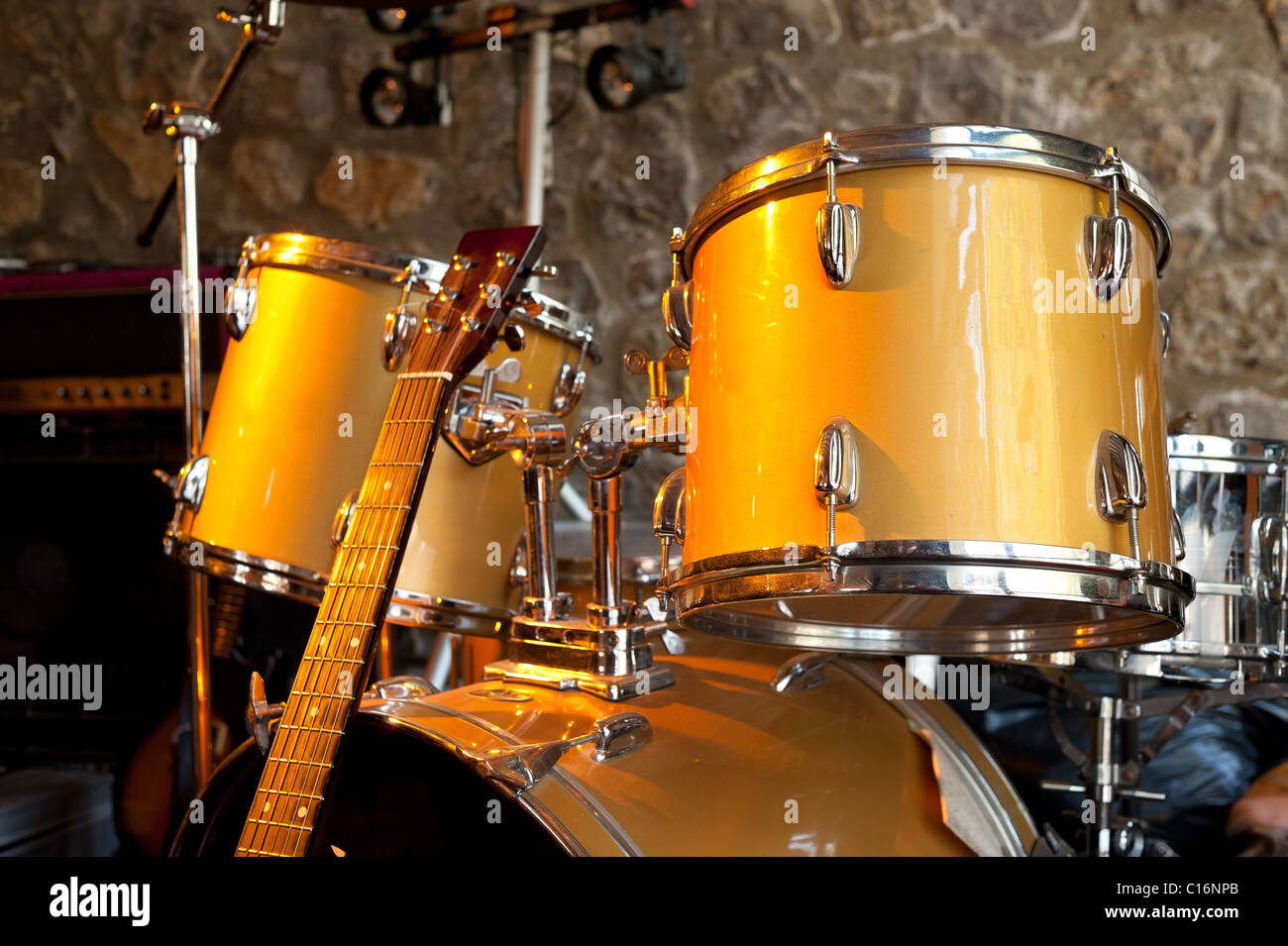 Musical instruments set up for a gig, still life Stock Photo - Alamy