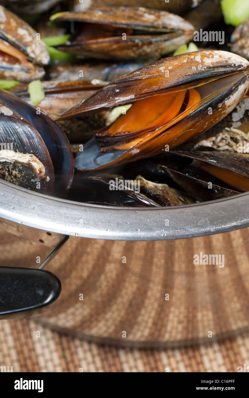 Portion of Belgian style mussels, steamed with vegetables Stock Photo ...