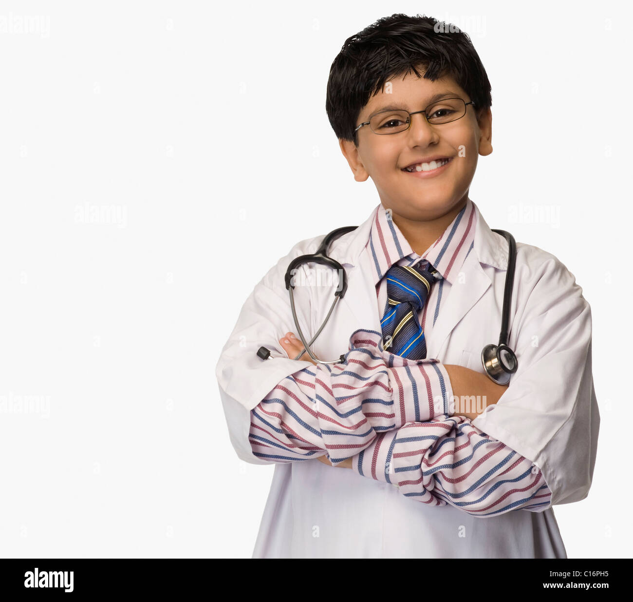 Boy smiling in a lab coat Stock Photo - Alamy