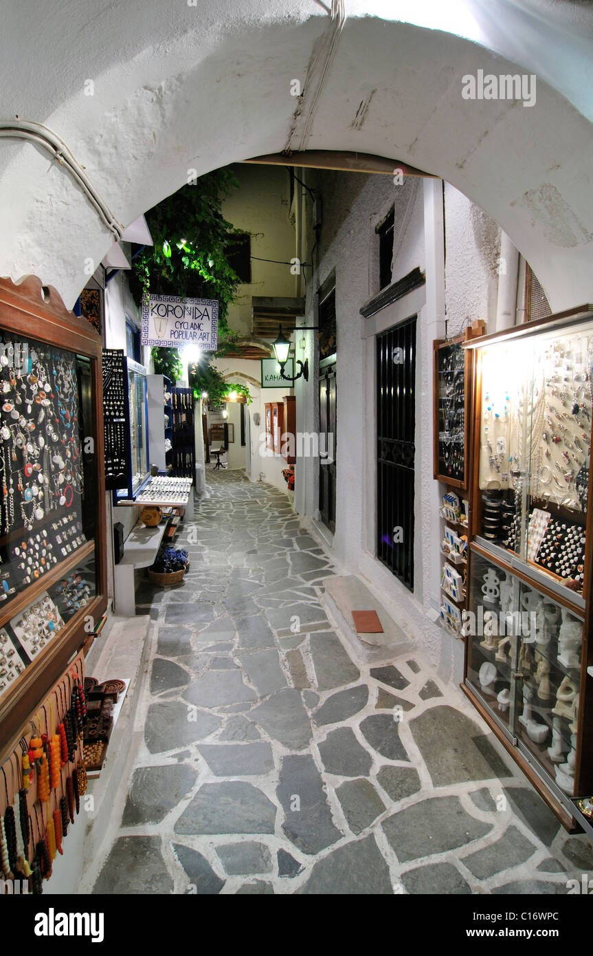 Old market, paving stones, alley, Naxos City, Cyclades, Greece, Europe ...
