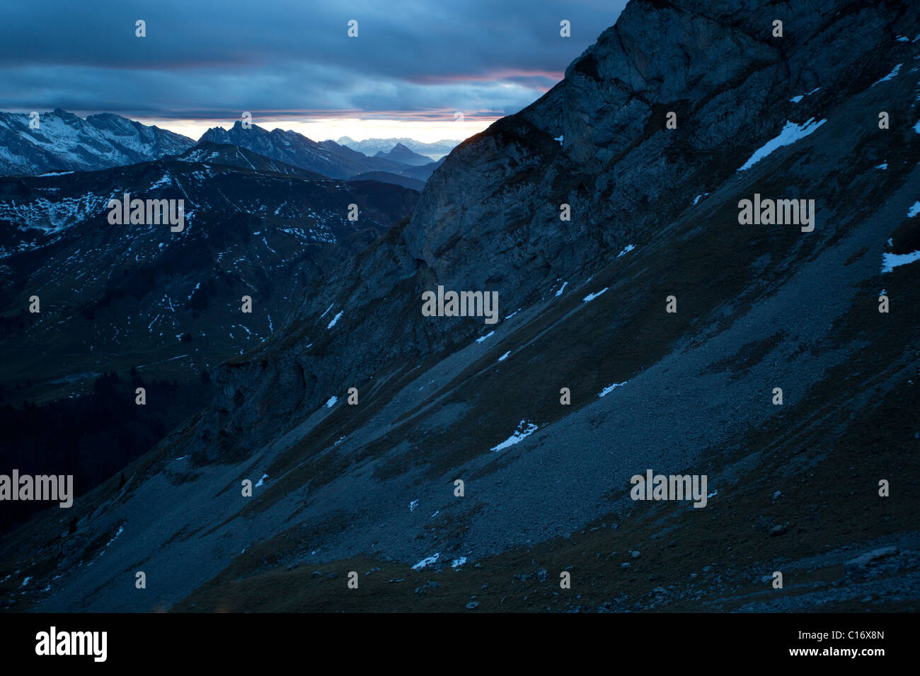 Landscape of the French Alps at dusk, Aravis mountains, Haute Savoie ...
