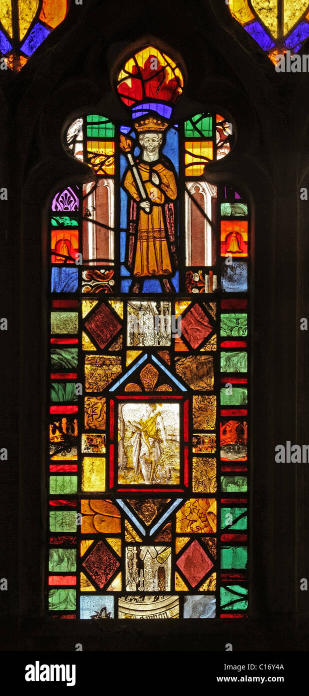 A medieval stained glass window depicting King Ceolwyn, St Cuthbert's ...