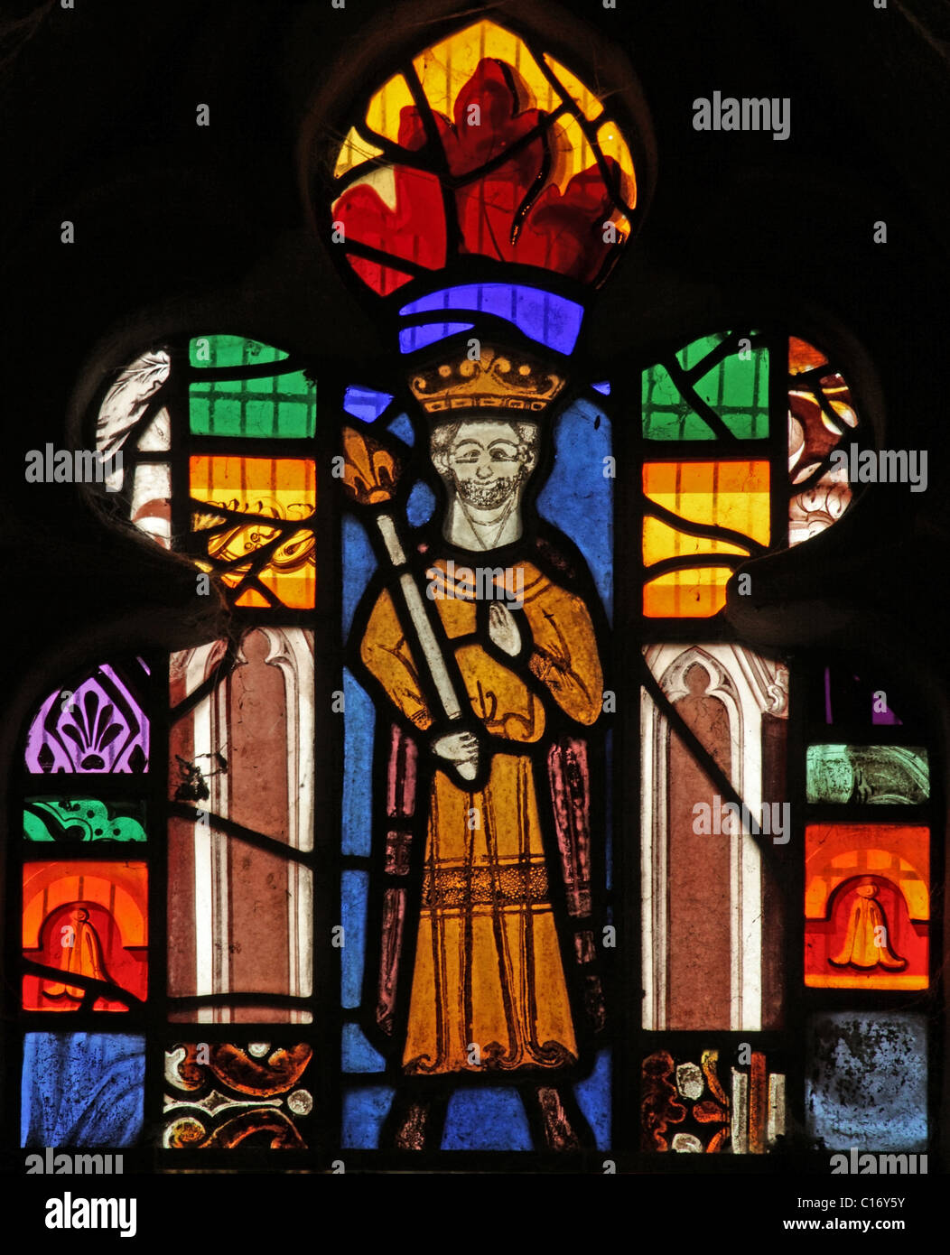 A medieval stained glass window depicting King Ceolwyn, St Cuthbert's ...