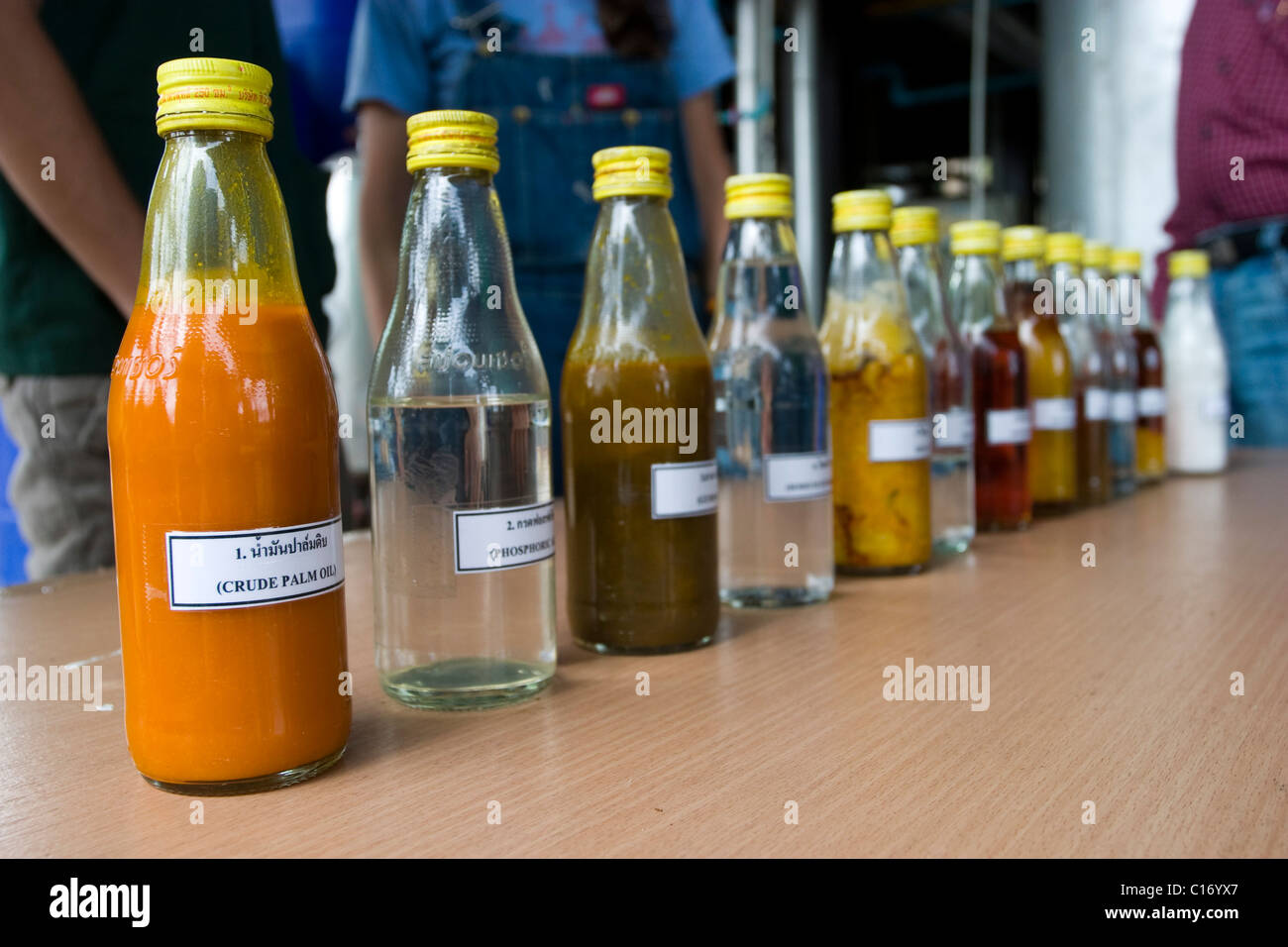 Bottles on display of oil palm product from each state of processing ...
