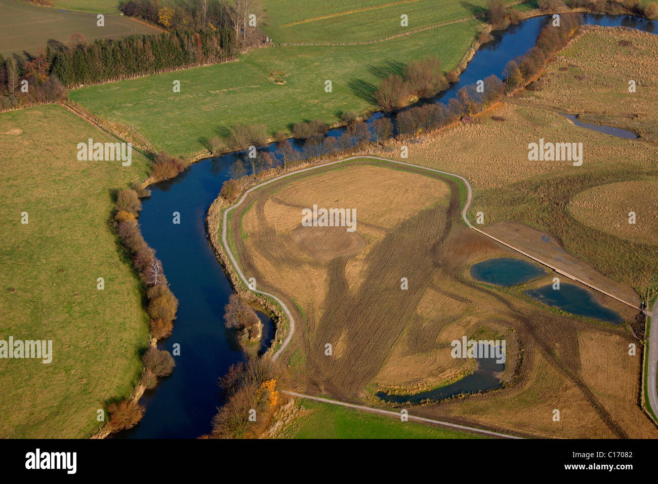Aerial picture, Lippe wetlands, renaturation, Hamm, Ruhr area, North ...