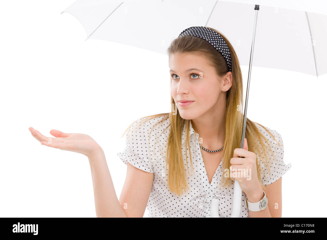 Fashion model - young woman hold umbrella in summer designer clothes ...