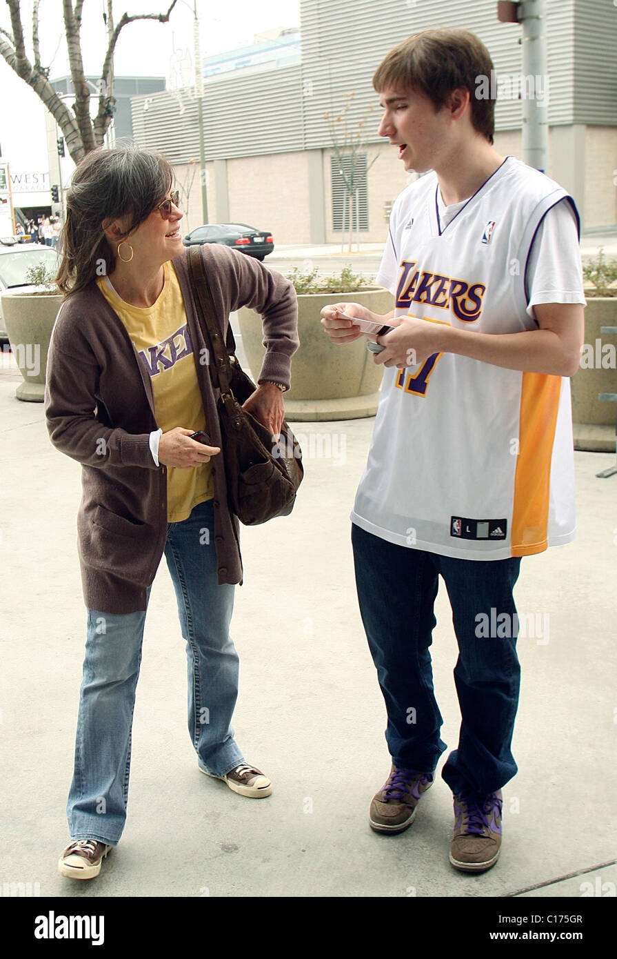 Sally Field and her son Samuel Greisman at a Lakers game at the Staples ...