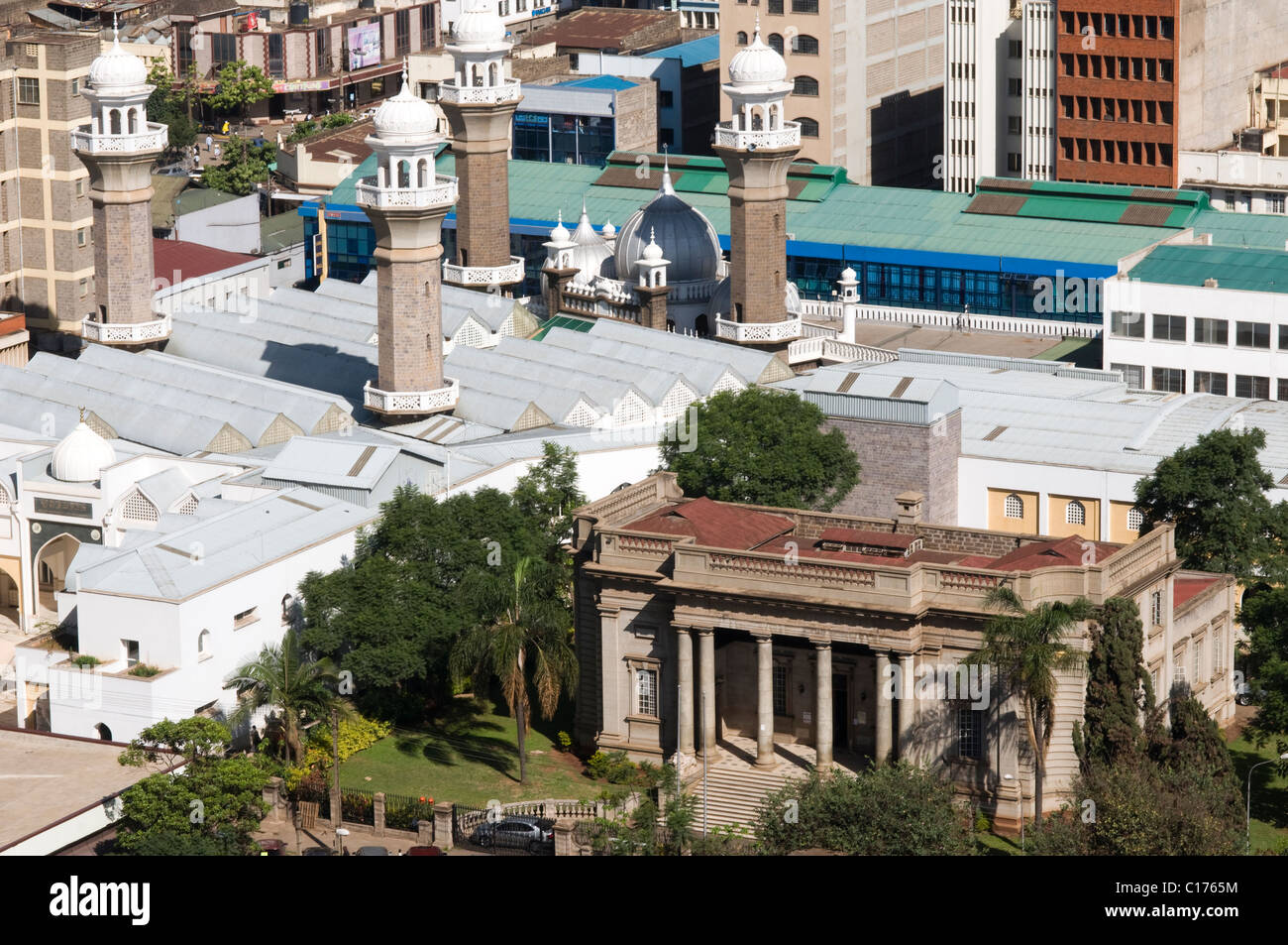 Aerial view of city with Jamia Mosque and McMillan Memorial Library ...