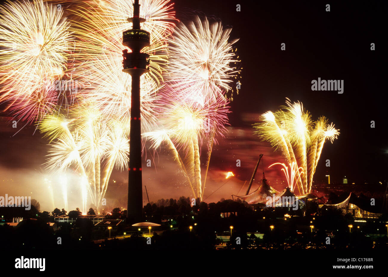 Fireworks in Olympiapark, Munich, Bavaria, Germany, Europe Stock Photo ...
