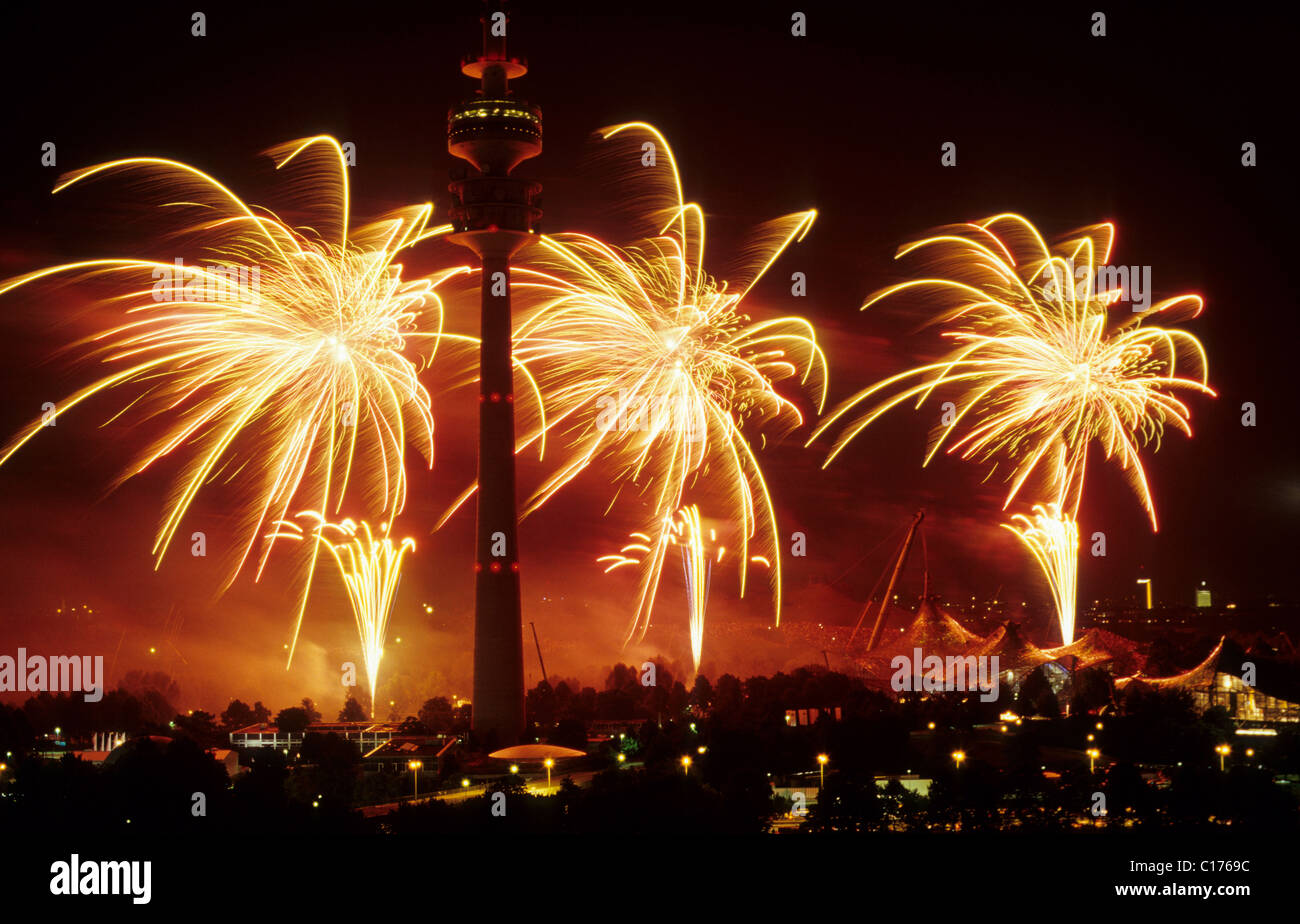 Fireworks in Olympiapark, Munich, Bavaria, Germany, Europe Stock Photo ...