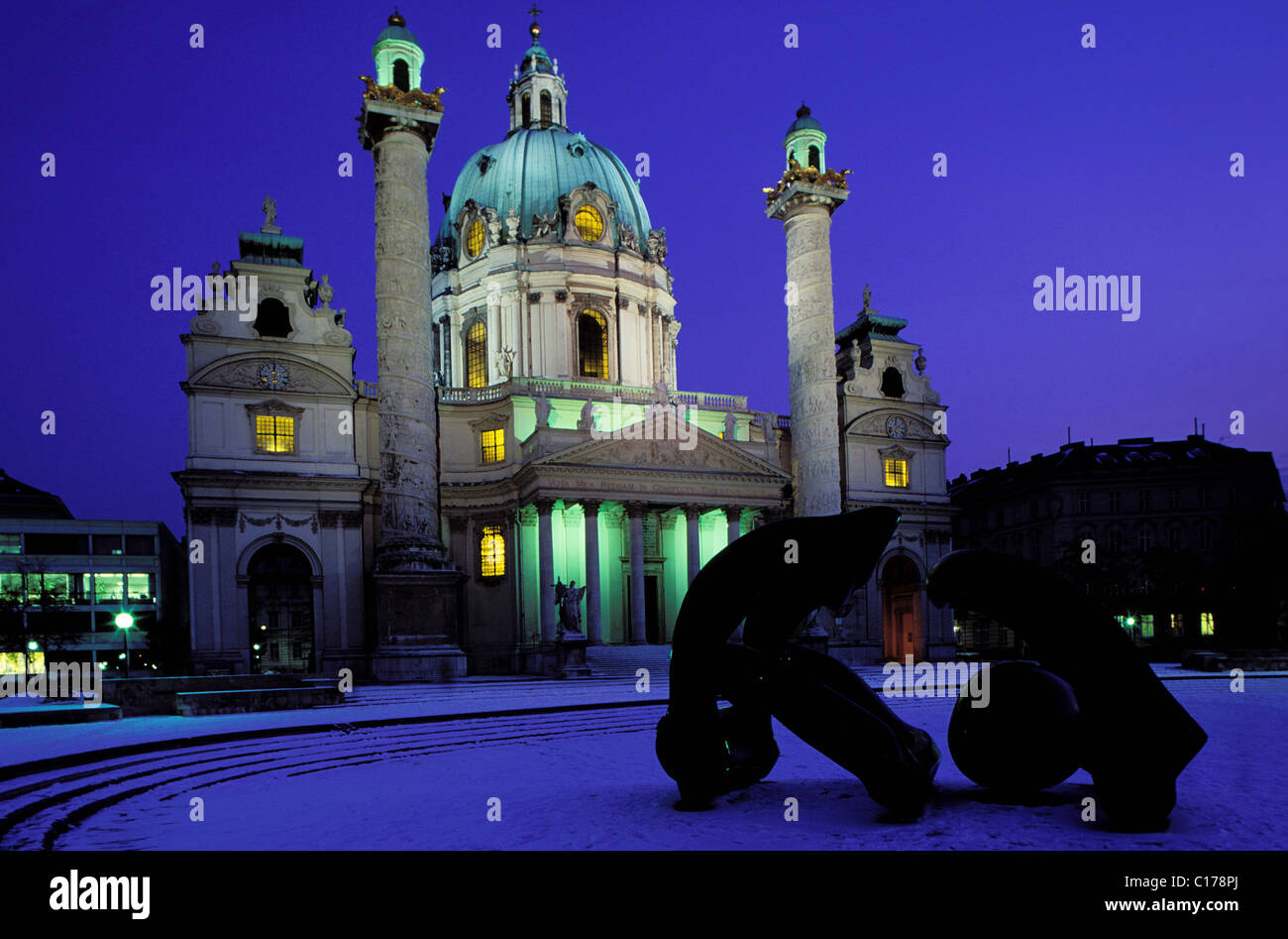Austria, Vienna, Night View of Saint Charles Borromeo Church ...