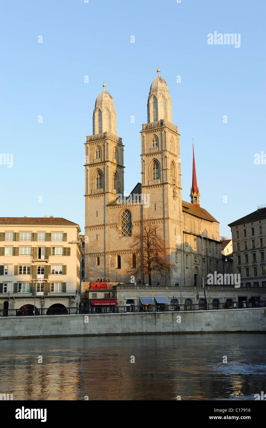 Double church towers of Grossmuenster Church, city landmark, Zuerich ...
