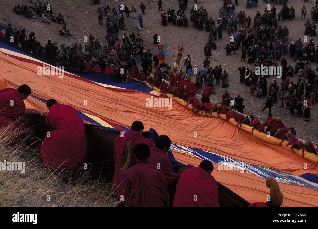 China, Tibet, Labrang, unrolling the Great Tangka, measuring 30x20 m ...