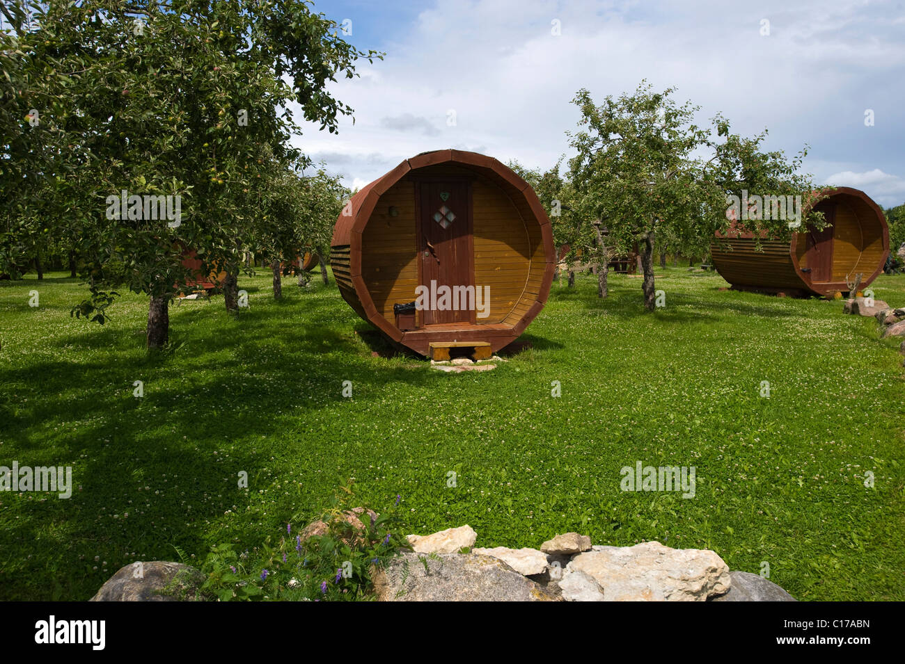 Wooden barrel huts, guesthouse, Hiiumaa Island, Baltic Sea, Estonia ...