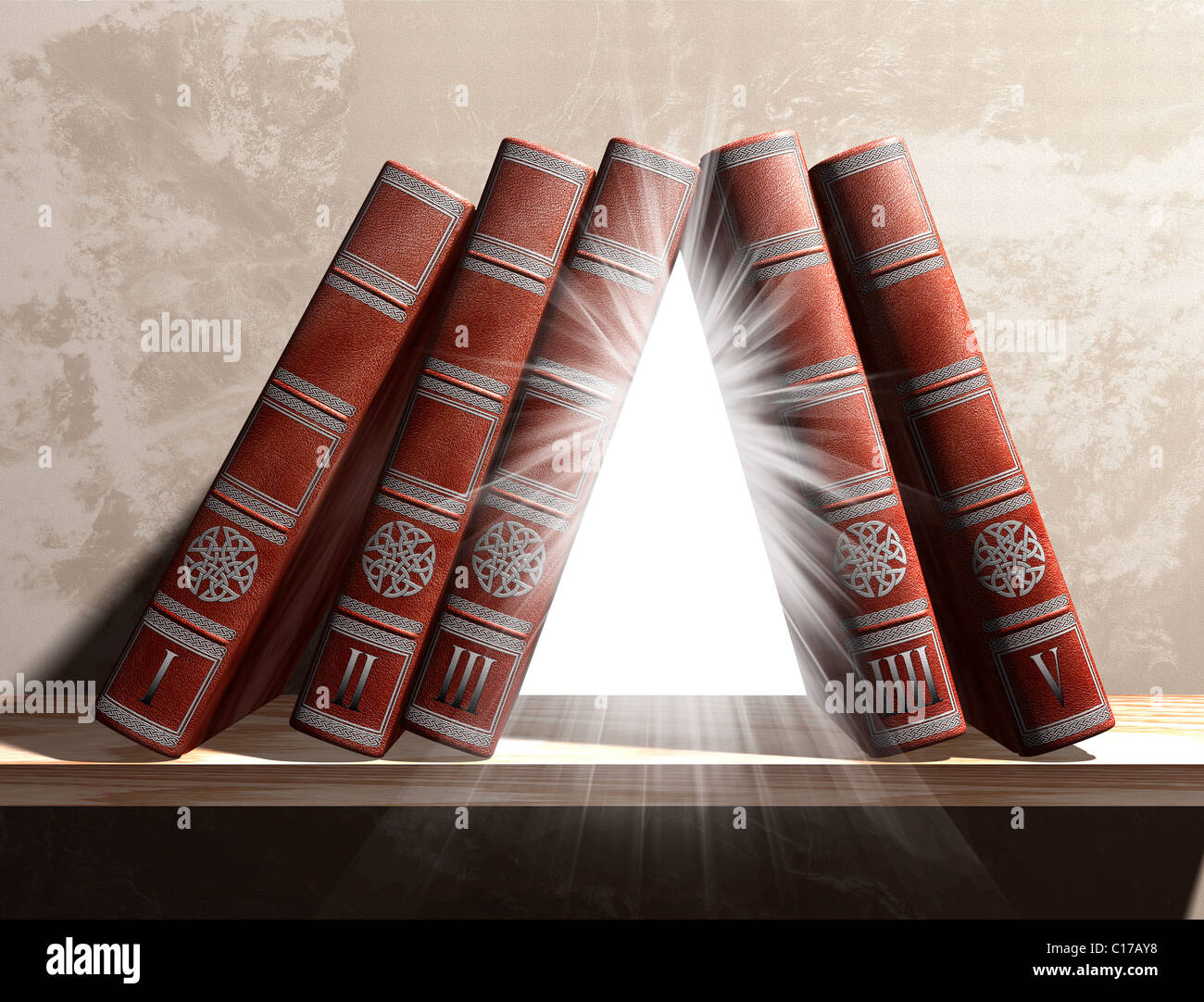 Illustration of magical books on a mysterious bookshelf Stock Photo - Alamy