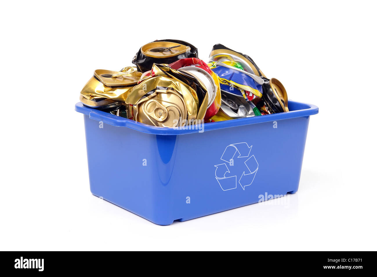 Blue plastic garbage bin with white recycle symbol full of empty ...