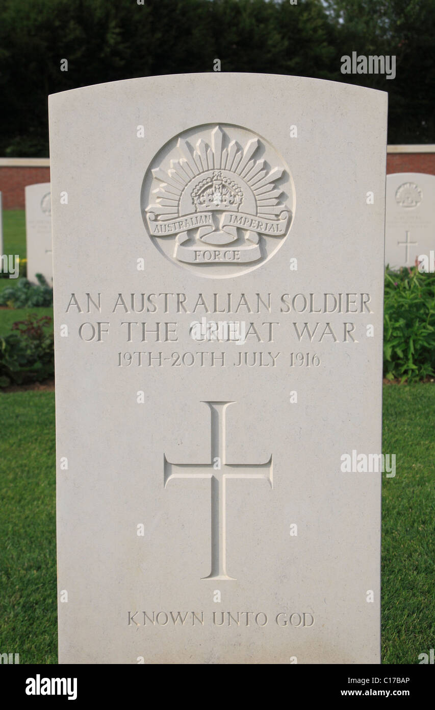 Headstone of an Unknown Australian Soldier in the Fromelles (Pheasant ...