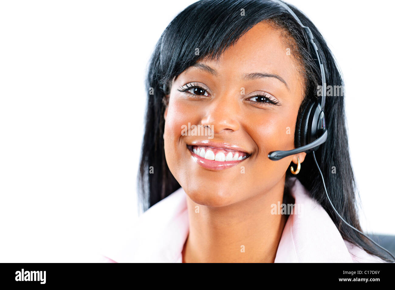 Smiling black customer service and support woman wearing headset Stock ...