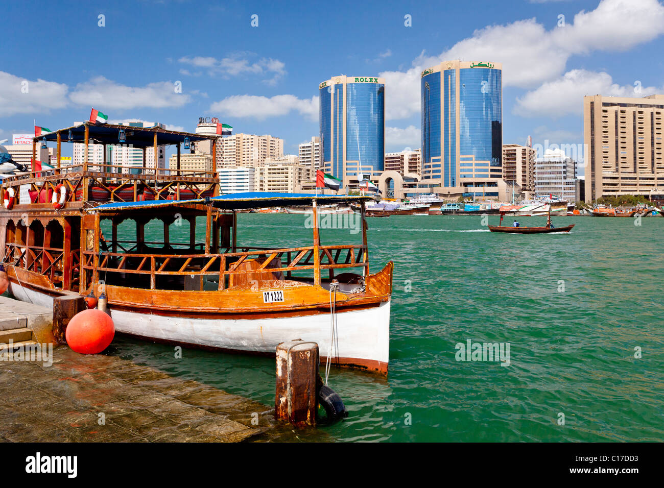 Rustic river Dow boats in Dubai Creek in Dubai, UAE Stock Photo - Alamy