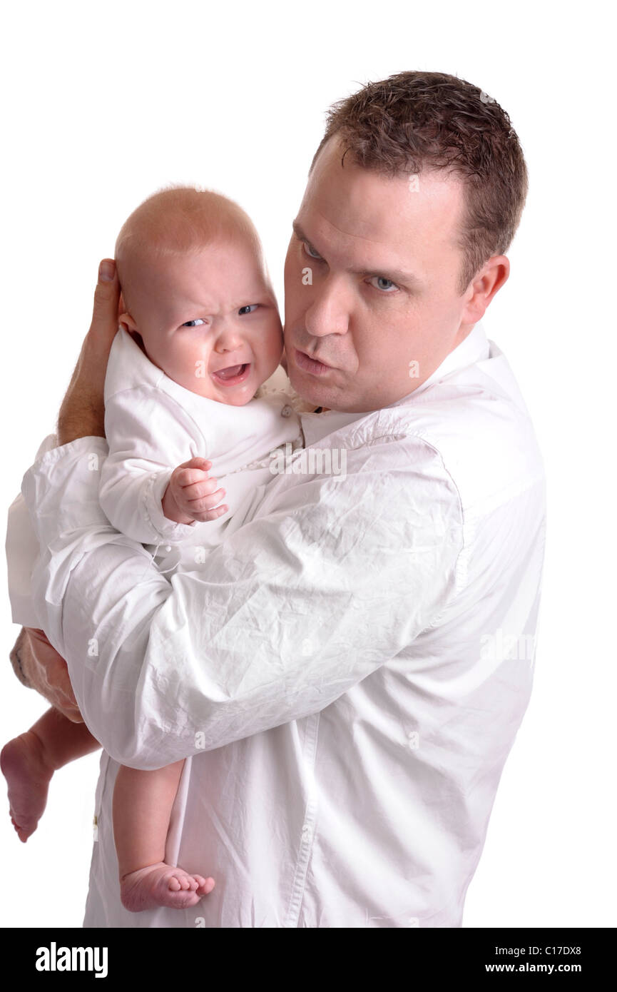 angry father holding crying baby. Isolated on white Stock Photo - Alamy
