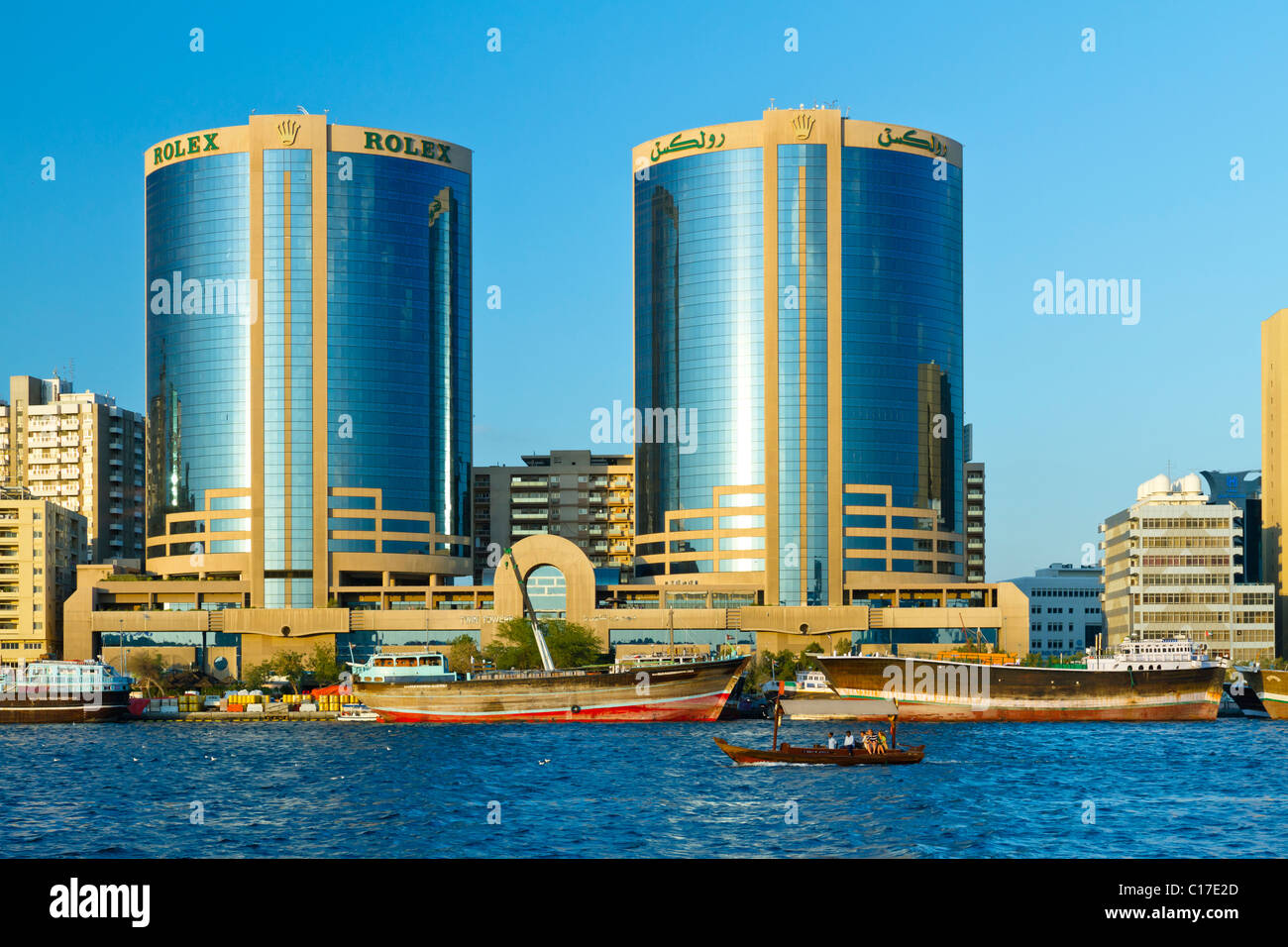 The Dubai Creek skyline with wooden Dow boats in Dubai, UAE Stock Photo ...