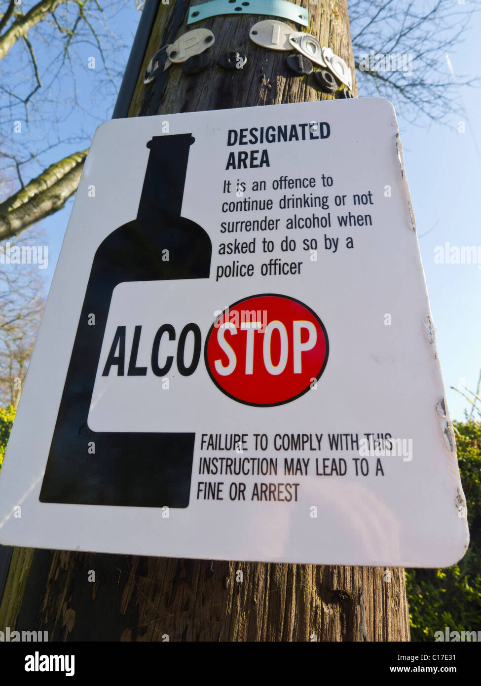 ALCO-STOP designated area sign instructing the public not to drink ...