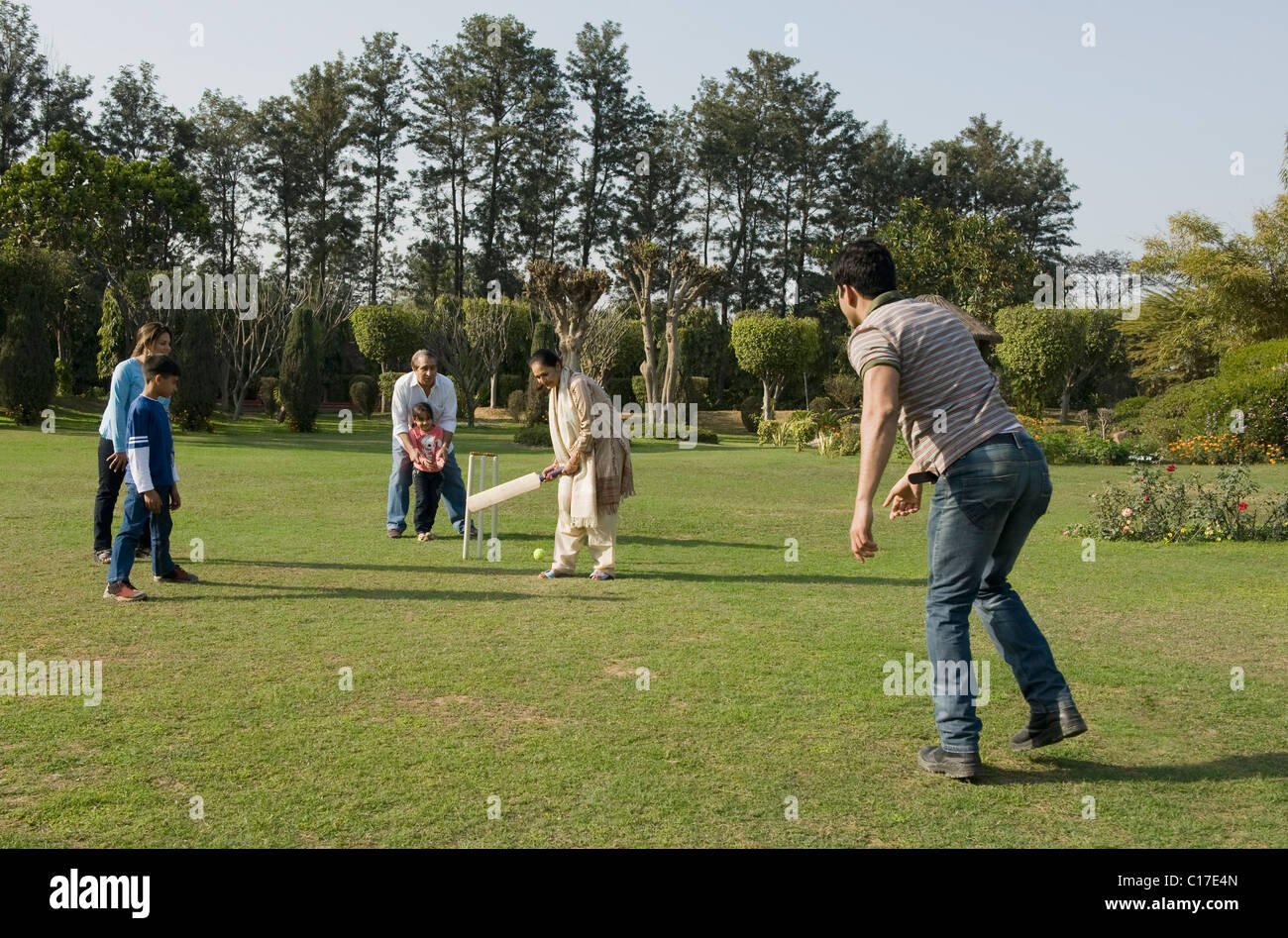 Family playing cricket in lawn Stock Photo - Alamy