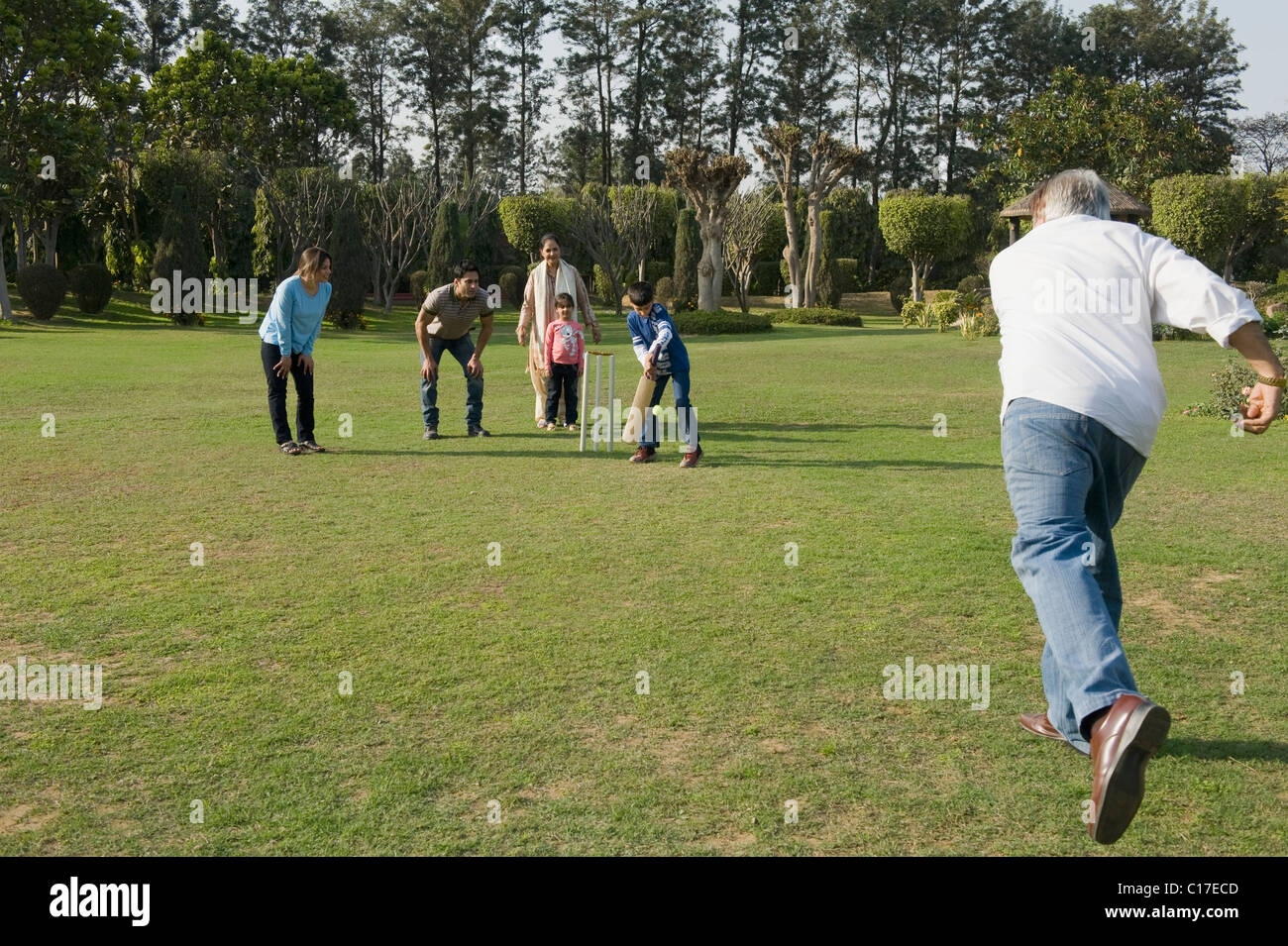 Family playing cricket in lawn Stock Photo - Alamy
