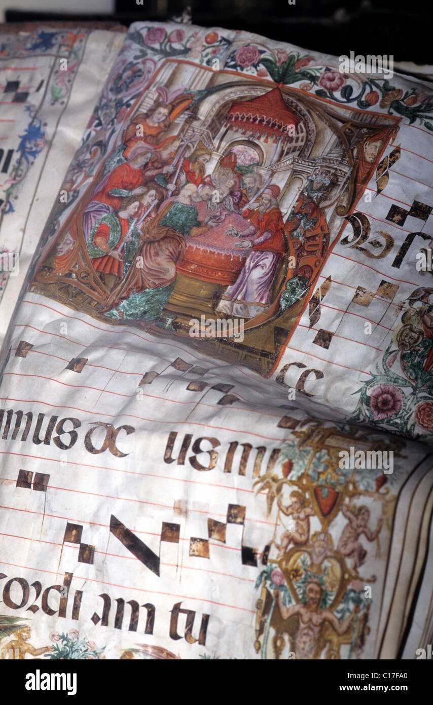 Spain, Estremadura, illuminated manuscript at the cathedral Stock Photo ...